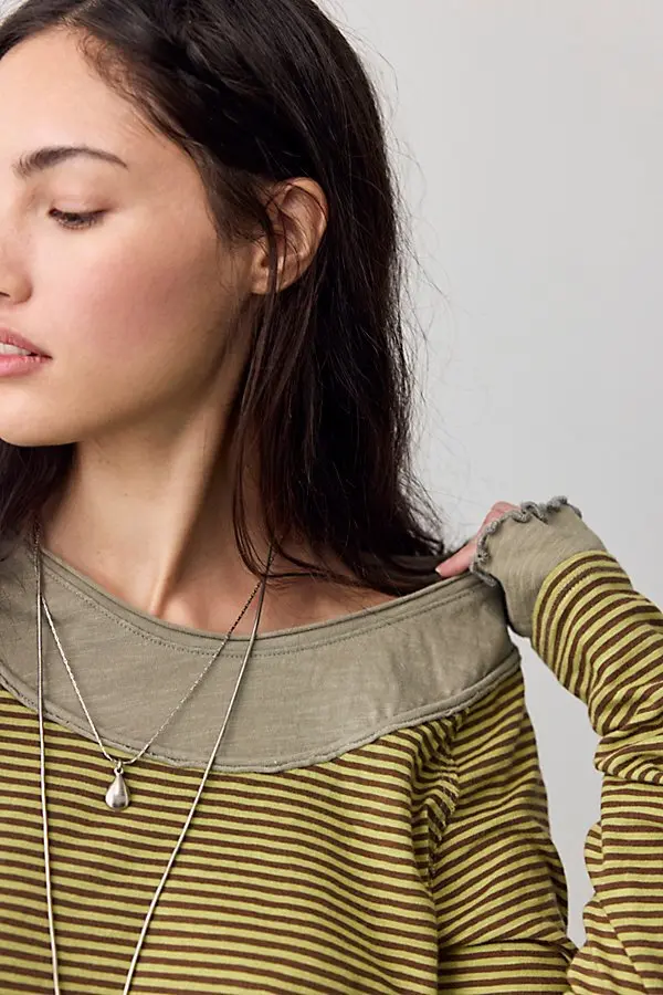 Free People We The Free Two's A Charm Stripe Long Sleeve Top - Army Combo
