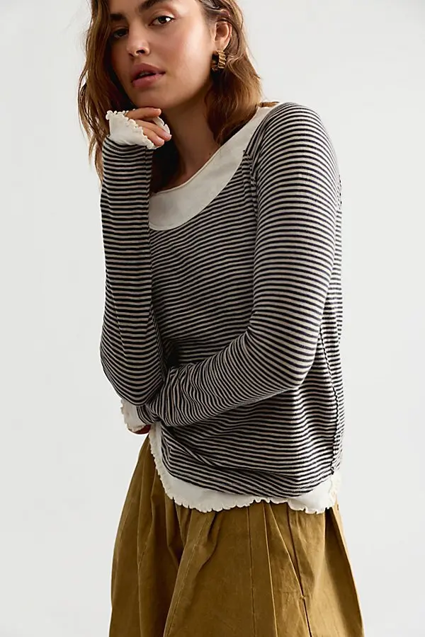 Free People We The Free Two's A Charm Stripe Long Sleeve Top - Charcoal Combo