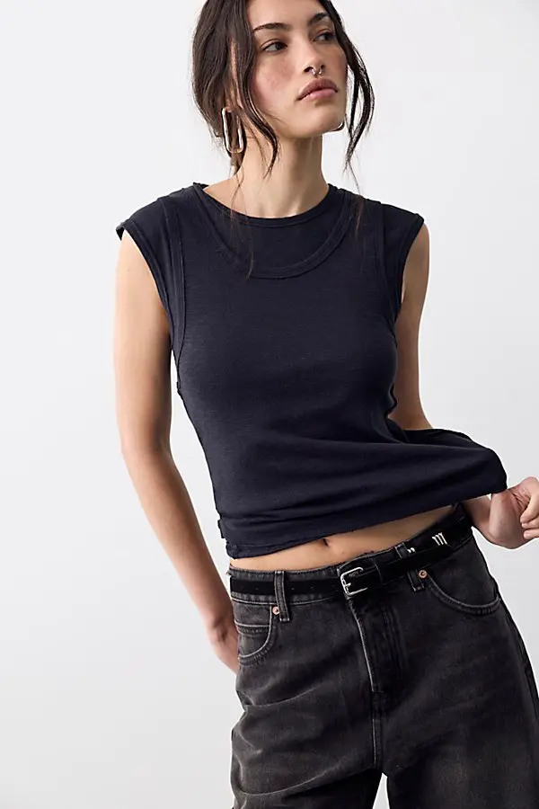 Free People We The Free Tinsley Twofer Short Sleeve Top - Black
