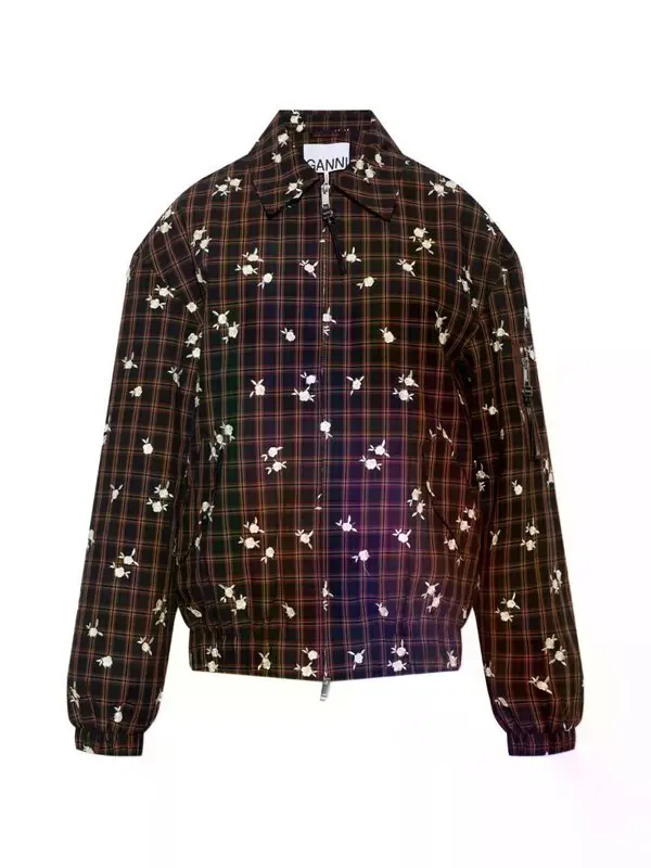 GANNI Check Floral-embroidered Zip-up Jacket