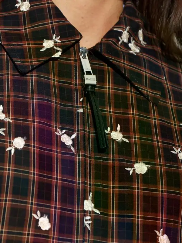 GANNI Check Floral-embroidered Zip-up Jacket