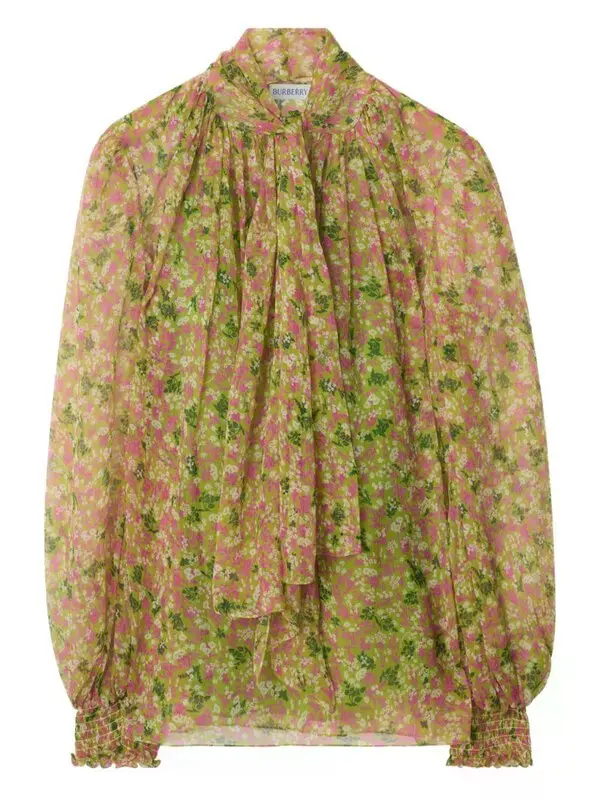 Burberry Scarf-tie Floral Silk Blouse - Pink