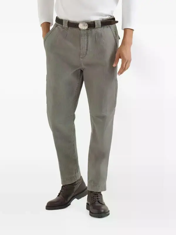 Brunello Cucinelli Cotton Chevron Trousers With Zipped Pocket