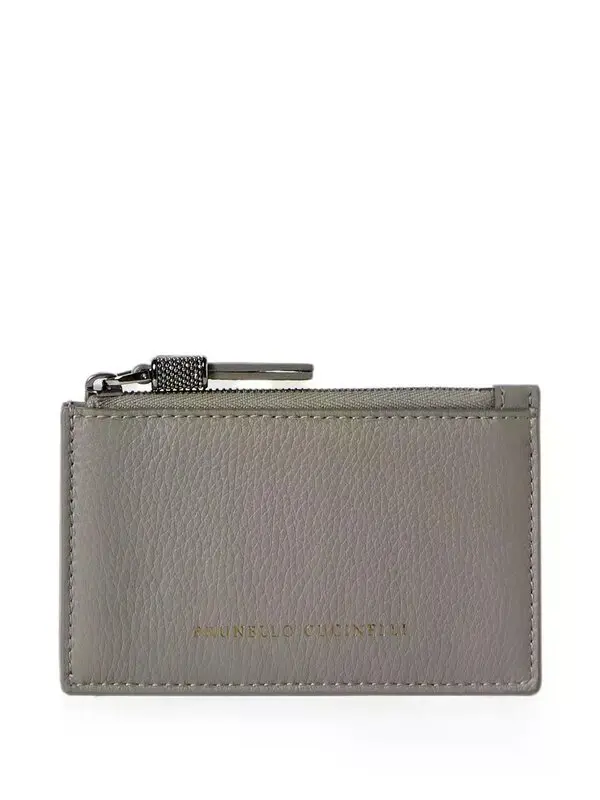 Brunello Cucinelli Grained Calfskin Card Case With Shiny Zipper Pull - Grey
