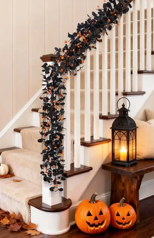 GLITZHOME 72"l Halloween Eucalyptus Pumpkin Bat Garland