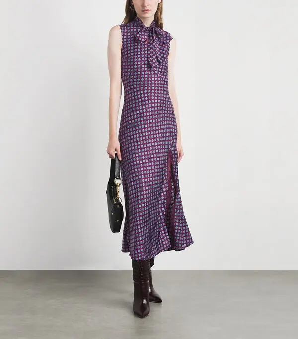 Claudie Pierlot Sleeveless Printed Midi Dress With Pussybow And Lace Inserts