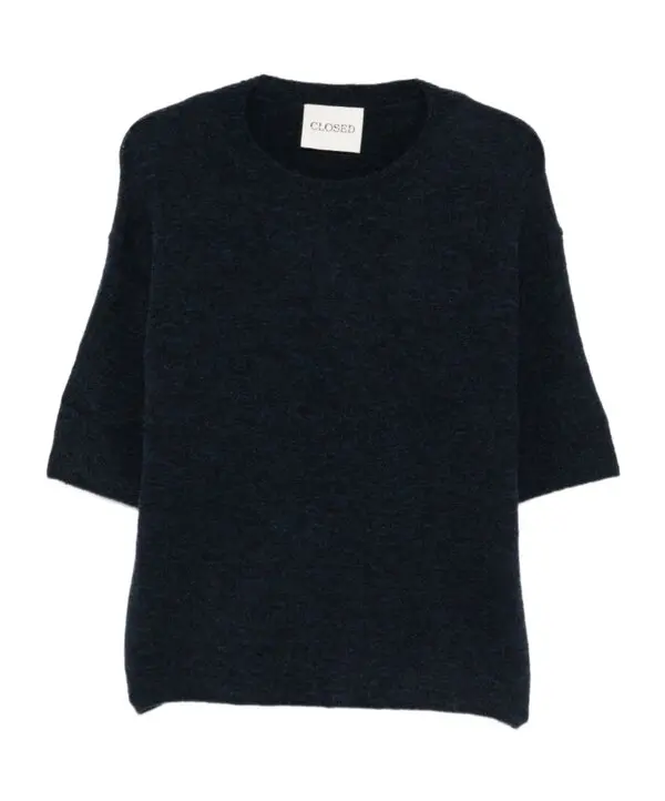 Closed Boxy Short-sleeve Sweater With Crew Neck And Ribbed Details - No