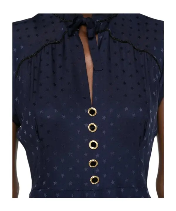 Alessandra Rich Printed Jacquard Effect Tie-neck Dress - Navy Blue