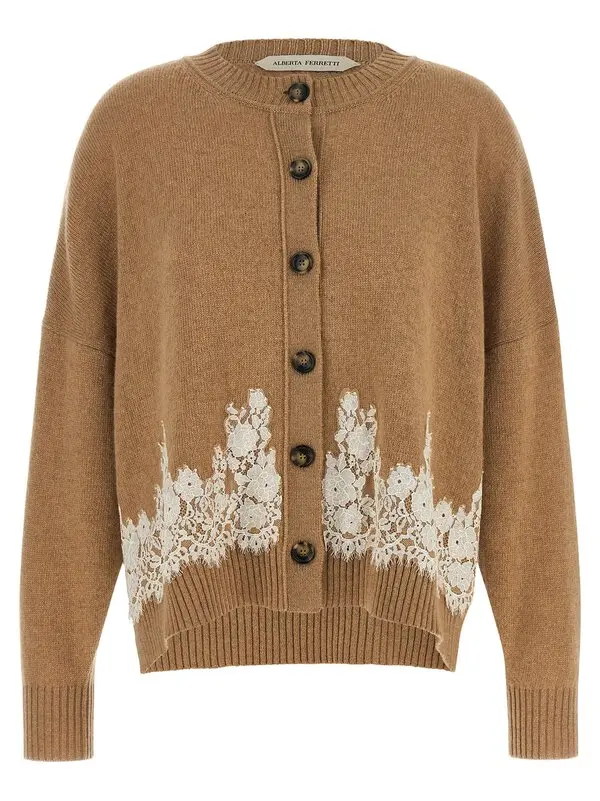 Alberta Ferretti Cashmere & Camel Fur Blend Lace Insert Cardigan - Brown