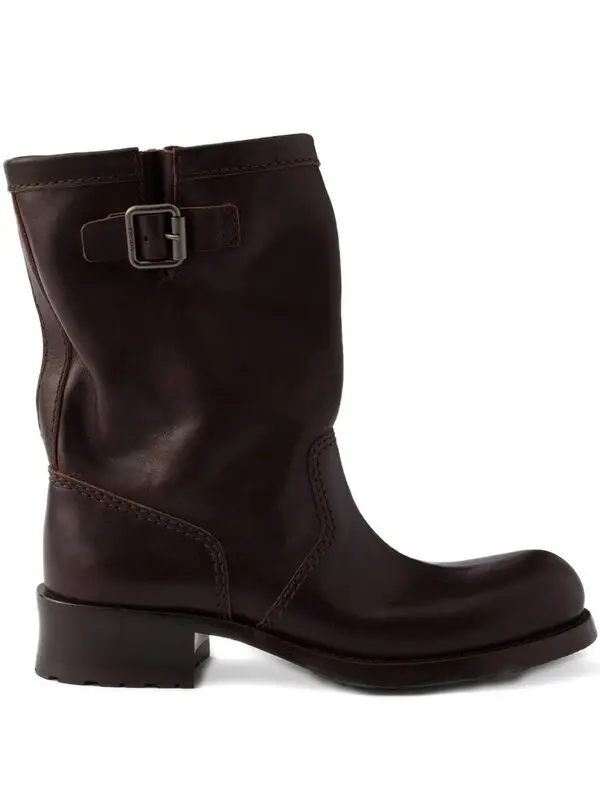 Prada Leather Buckled Boots - Brown