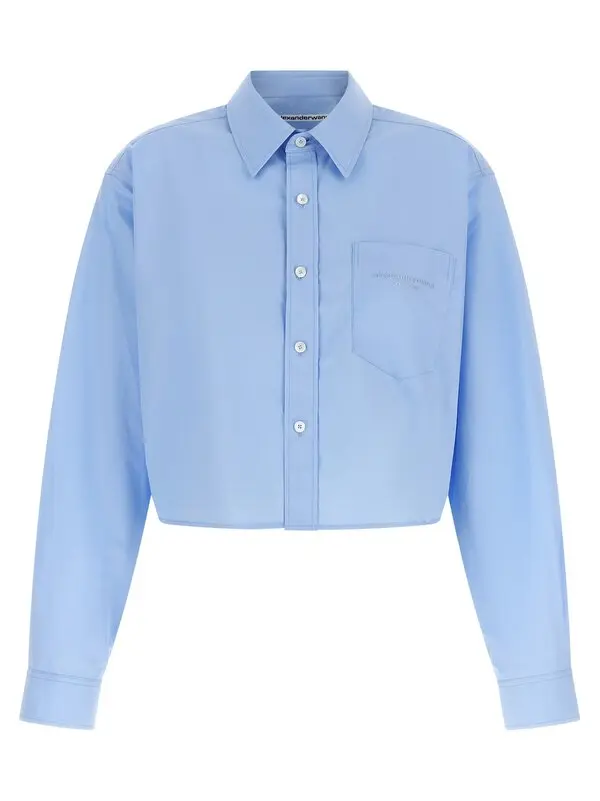 Alexander Wang Cropped Cotton Shirt With Pointed Collar And Embroidered Logo - Blue