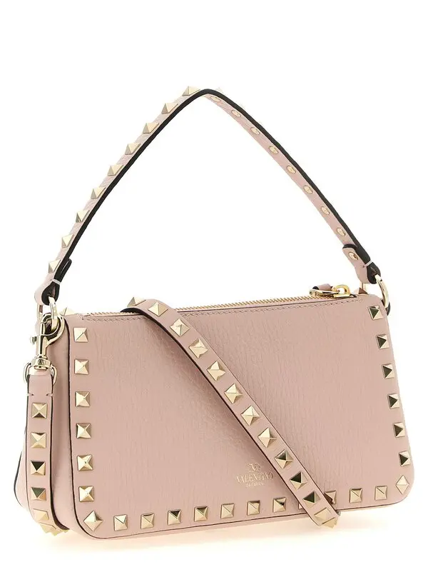 Valentino Garavani Rockstud' Small Shoulder Bag In Grained Calfskin Leather With Platinum Finish Studs - Pink
