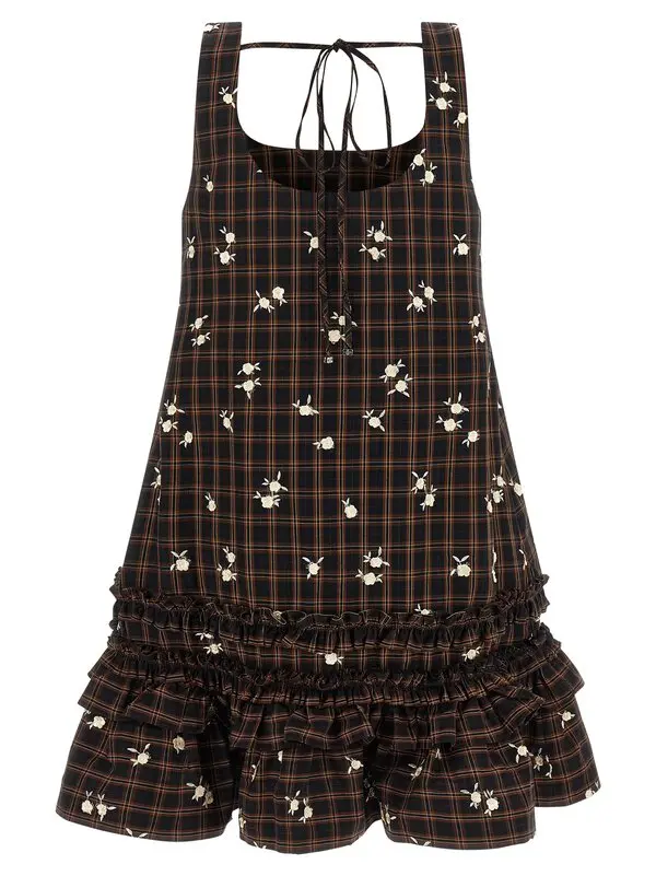 GANNI Check Flower Embroidered Cotton Mini Dress - Brown