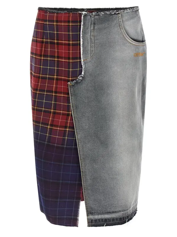 Off-White Patchwork Denim Midi Skirt With Plaid Accent - Multicolor