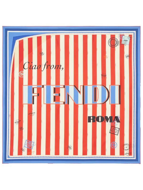 Fendi White And Rust Striped Silk Foulard - Blue