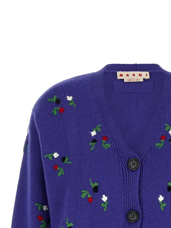 Marni Embroidered Floral Virgin Wool & Cashmere Blend V-neck Cardigan