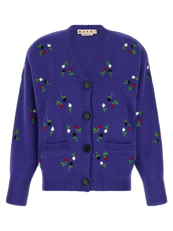Marni Embroidered Floral Virgin Wool & Cashmere Blend V-neck Cardigan - Blue