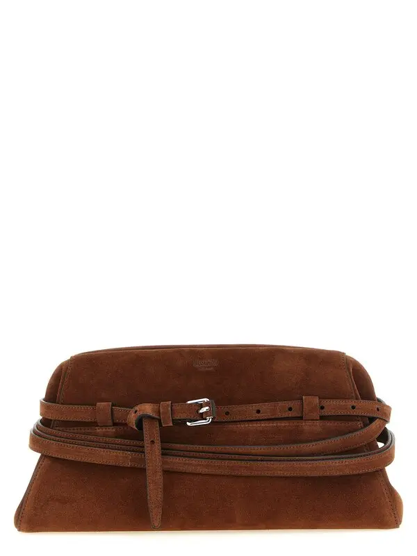 Moschino Large Suede Clutch With Buckled Strap Detail - Brown