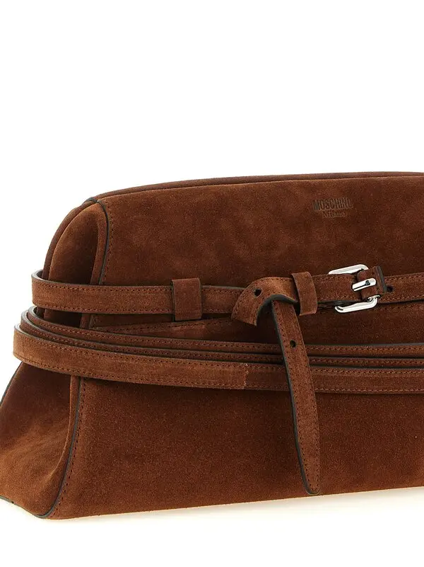 Moschino Large Suede Clutch With Buckled Strap Detail