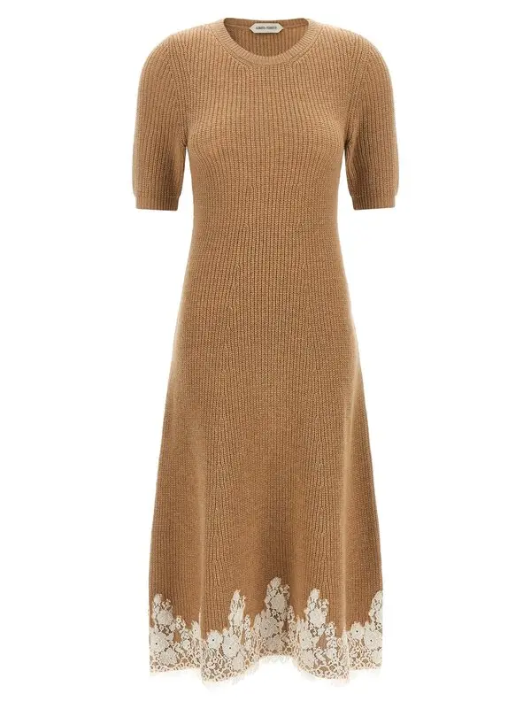 Alberta Ferretti Ribbed Knit Midi Dress With Lace Hem - Brown