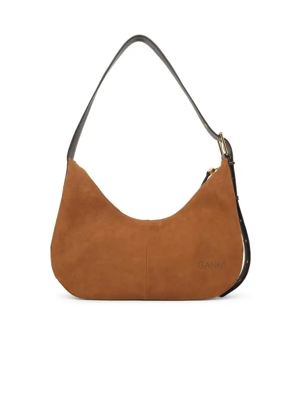 GANNI Suede Hobo Shoulder Bag With Buckle Detail - Brown