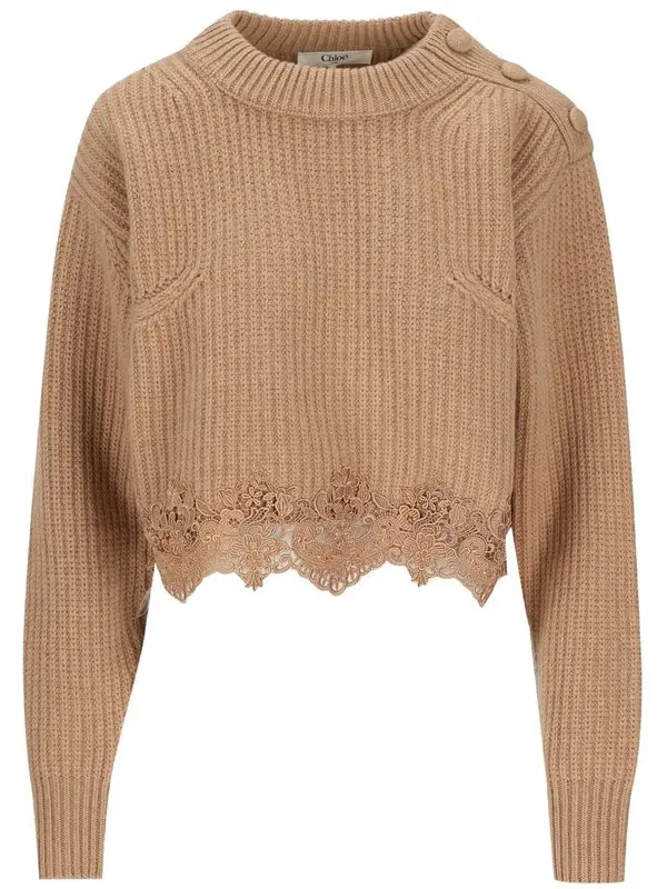 Chloé Pullover Corto Con Collo A Lupetto In Maglia Di Lana E Cashmere Con Pizzo - Multicolor