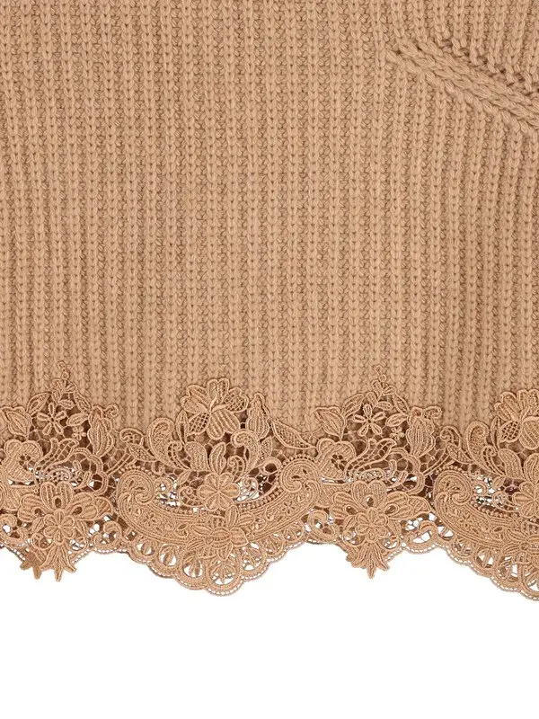 Chloé Cropped Wool & Cashmere Blend High Neck Pullover With Lace Trim - Multicolor