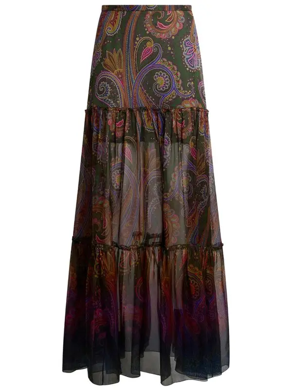 Etro Silk Maxi Skirt With Placed Paisley Print - Green