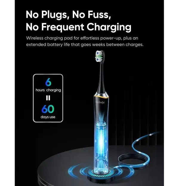 MYSMILE Button Free Rechargeable Sonic Toothbrush With Pressure Sensor