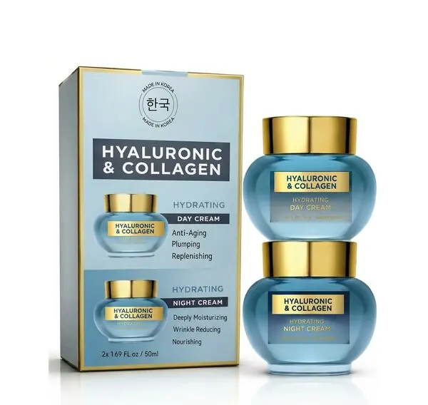 LOVERY Korean Skincare Hyaluronic Collagen Day And Night Cream Set -brightening And Hydration For Face - Blue