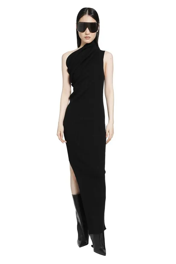 Rick Owens Viscose Rib-knit Asymmetrical Neck Sleeveless Maxi Dress With Side Slit
