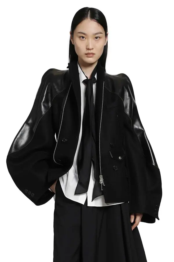 Sacai Leather X Wool Melton Zip-up Jacket - Black
