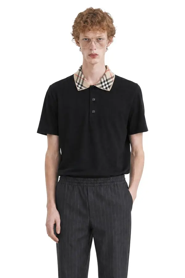Burberry Check Collar Cotton Polo Shirt - Black