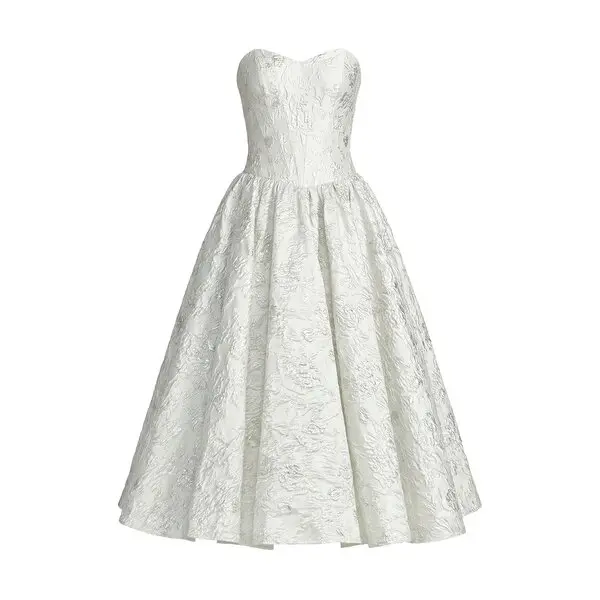 Mac Duggal Strapless Brocade Tea Length Dress - White