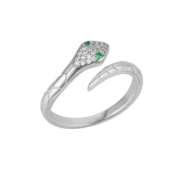 SPERO LONDON Pave Snake Ring With Green Eyes In Sterling - Silver