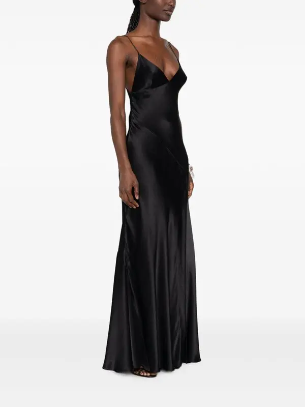 Alberta Ferretti Black Satin V-neck Dress