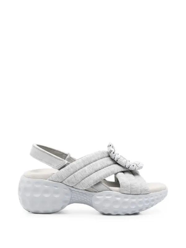 ROGER VIVIER Grey Jersey Quilted Crystal Buckle Platform Sandals - Multicolor