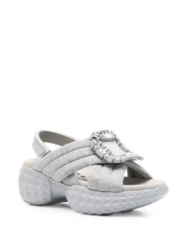 ROGER VIVIER Grey Jersey Quilted Crystal Buckle Platform Sandals - Multicolor