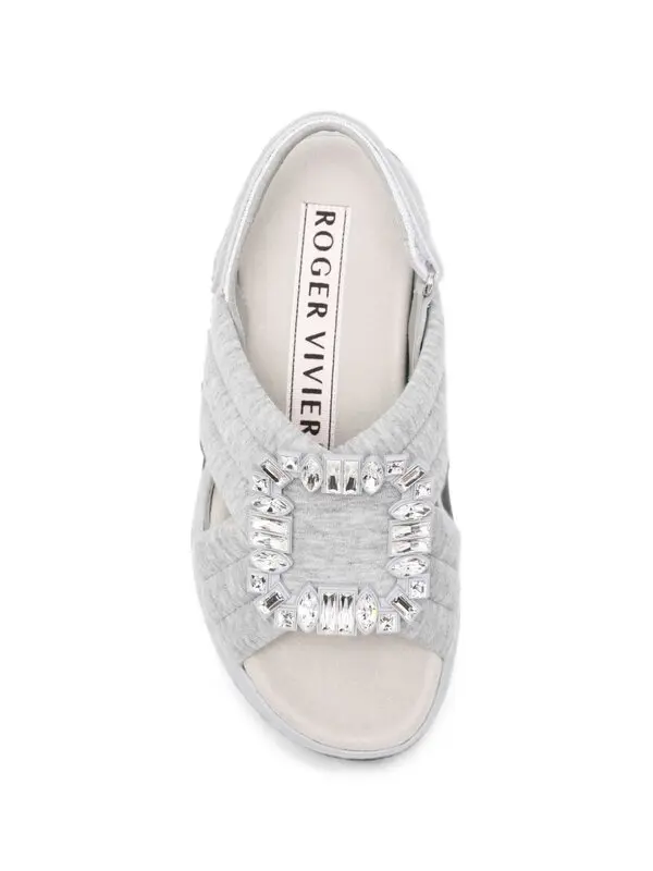 ROGER VIVIER Grey Jersey Quilted Crystal Buckle Platform Sandals - Multicolor
