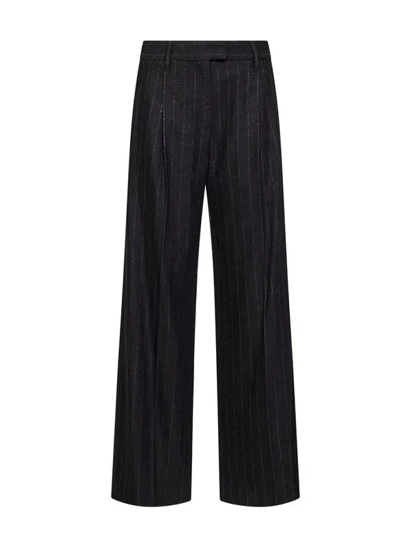 Brunello Cucinelli Sequin Pinstriped Wool Blend Loose Pleated Trousers - Multicolor