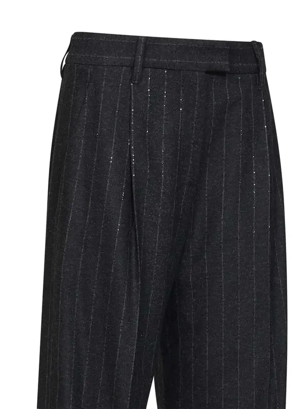 Brunello Cucinelli Sequin Pinstriped Wool Blend Loose Pleated Trousers - Multicolor
