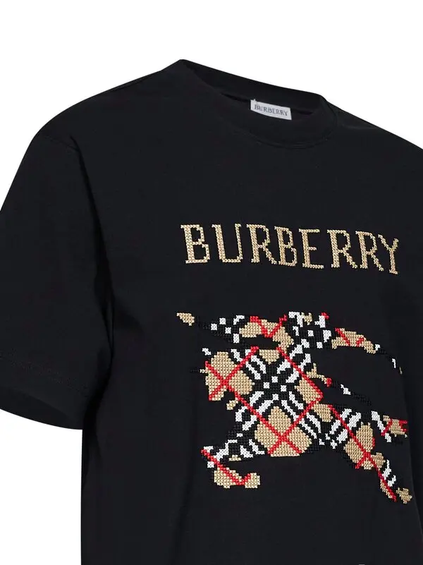 Burberry Black Cotton T-shirt With Cross-stitch Knight