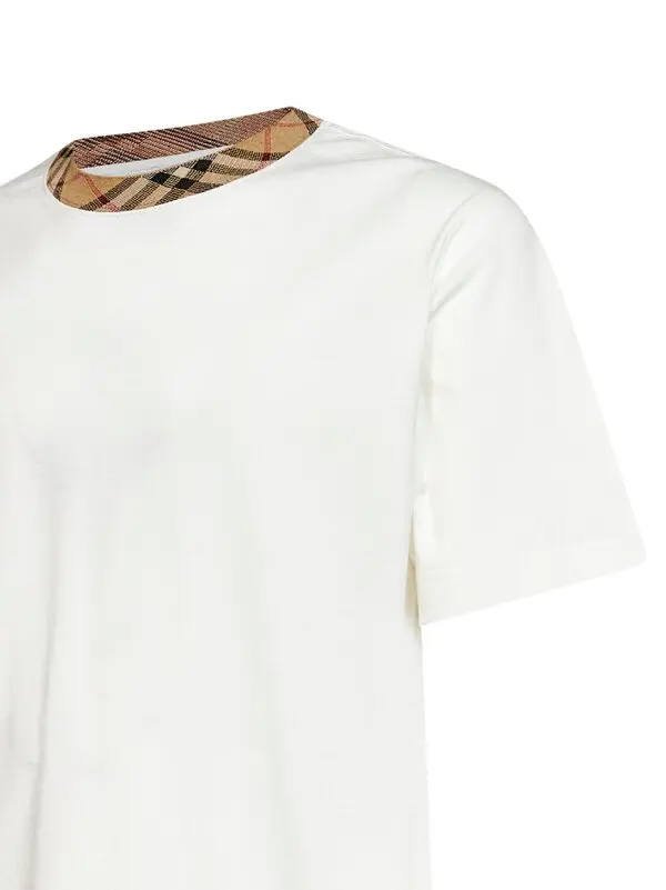 Burberry Chalk White Cotton T-shirt With Check Trim - Multicolor