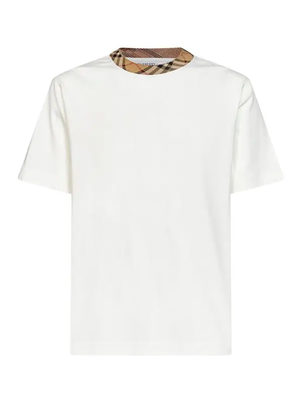 Burberry Chalk White Cotton T-shirt With Check Trim - Multicolor