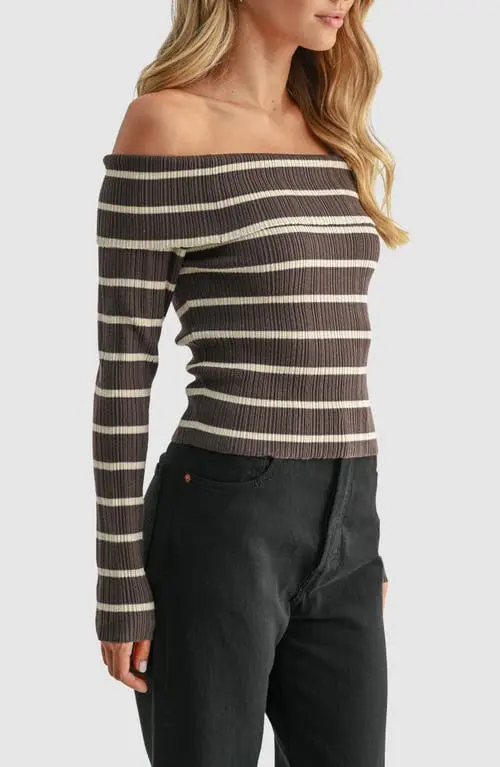 ALL IN FAVOR Off-the-shoulder Ribbed Striped Knit Top