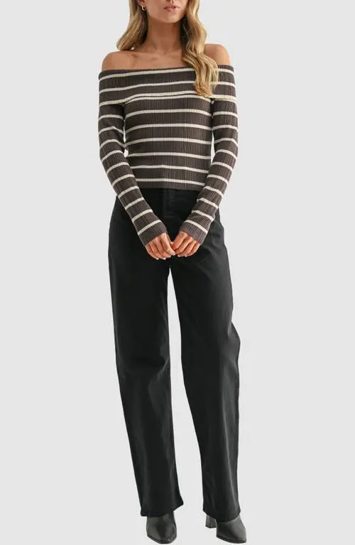 ALL IN FAVOR Off-the-shoulder Ribbed Striped Knit Top