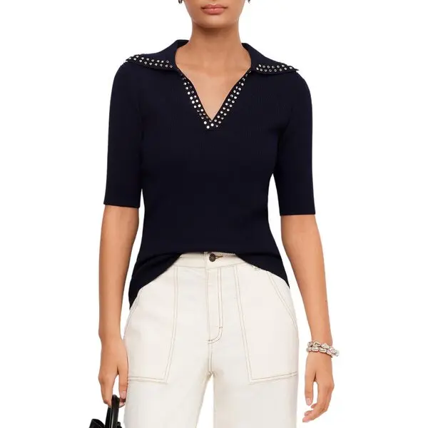 Fifteen Twenty Eleanor Studded Polo Sweater - Navy