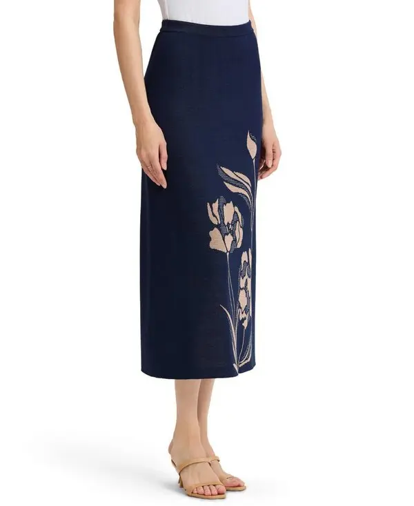 Ming Wang Straight Floral Jacquard Soft Knit Maxi Skirt