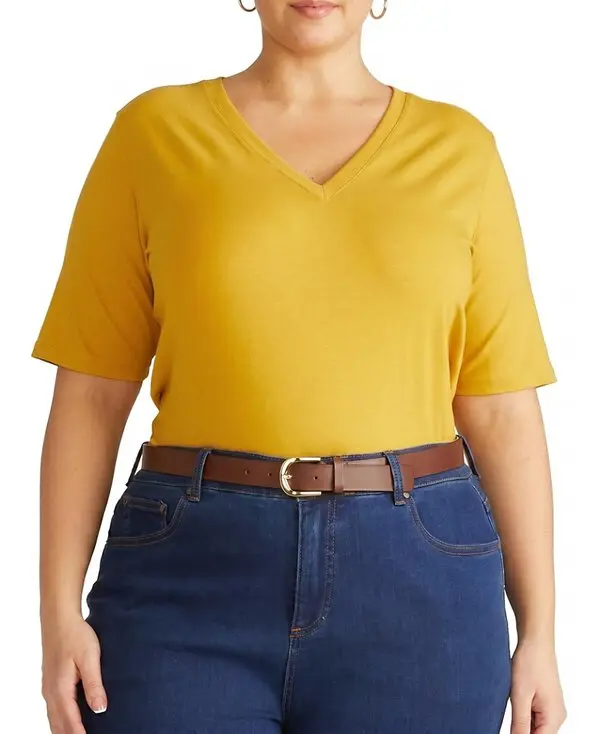 Universal Standard Plus Maia Stovepipe Sleeve V Neck Tee - Yellow Ochre