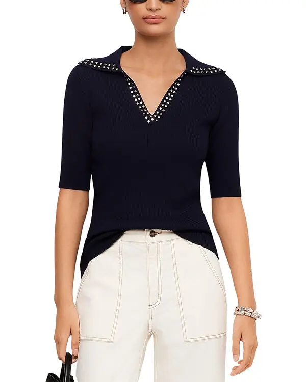 Fifteen Twenty Eleanor Embellished Polo Sweater - Navy